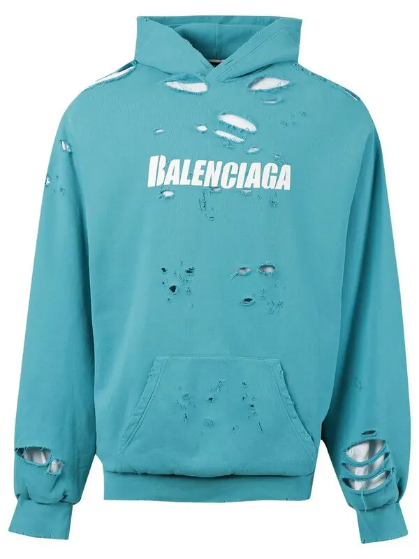 Balenciaga Caps Destroyed Hoodie - Turquoise And White | Editorialist